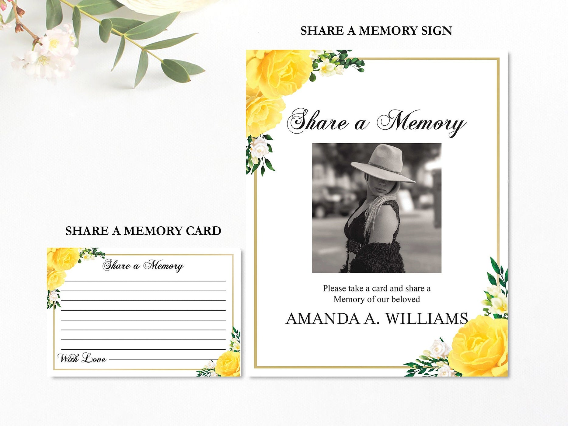 Editable Funeral Share a Memory Card and Sign, DIY Yellow Rose Funeral ...