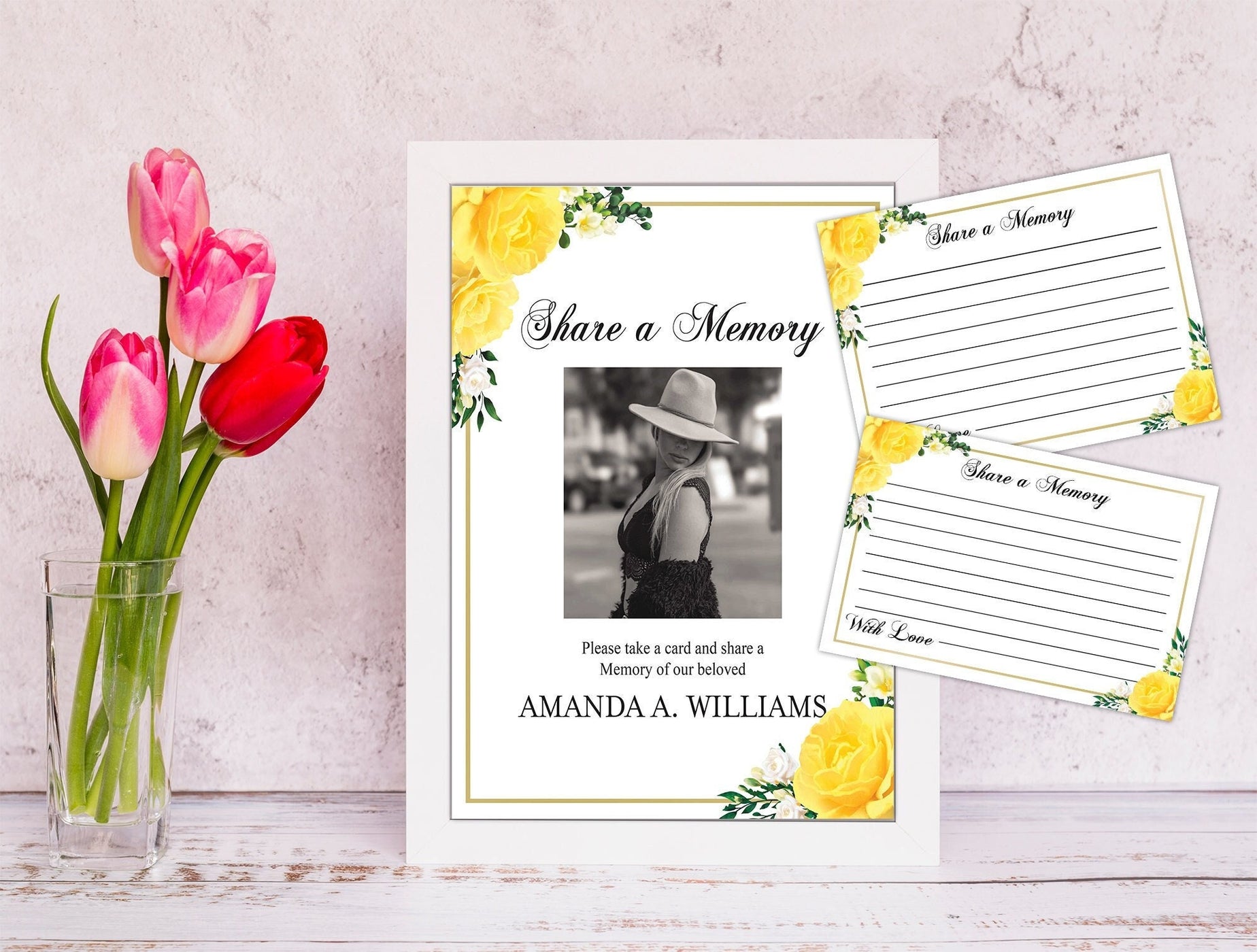Editable Funeral Share a Memory Card and Sign, DIY Yellow Rose Funeral ...
