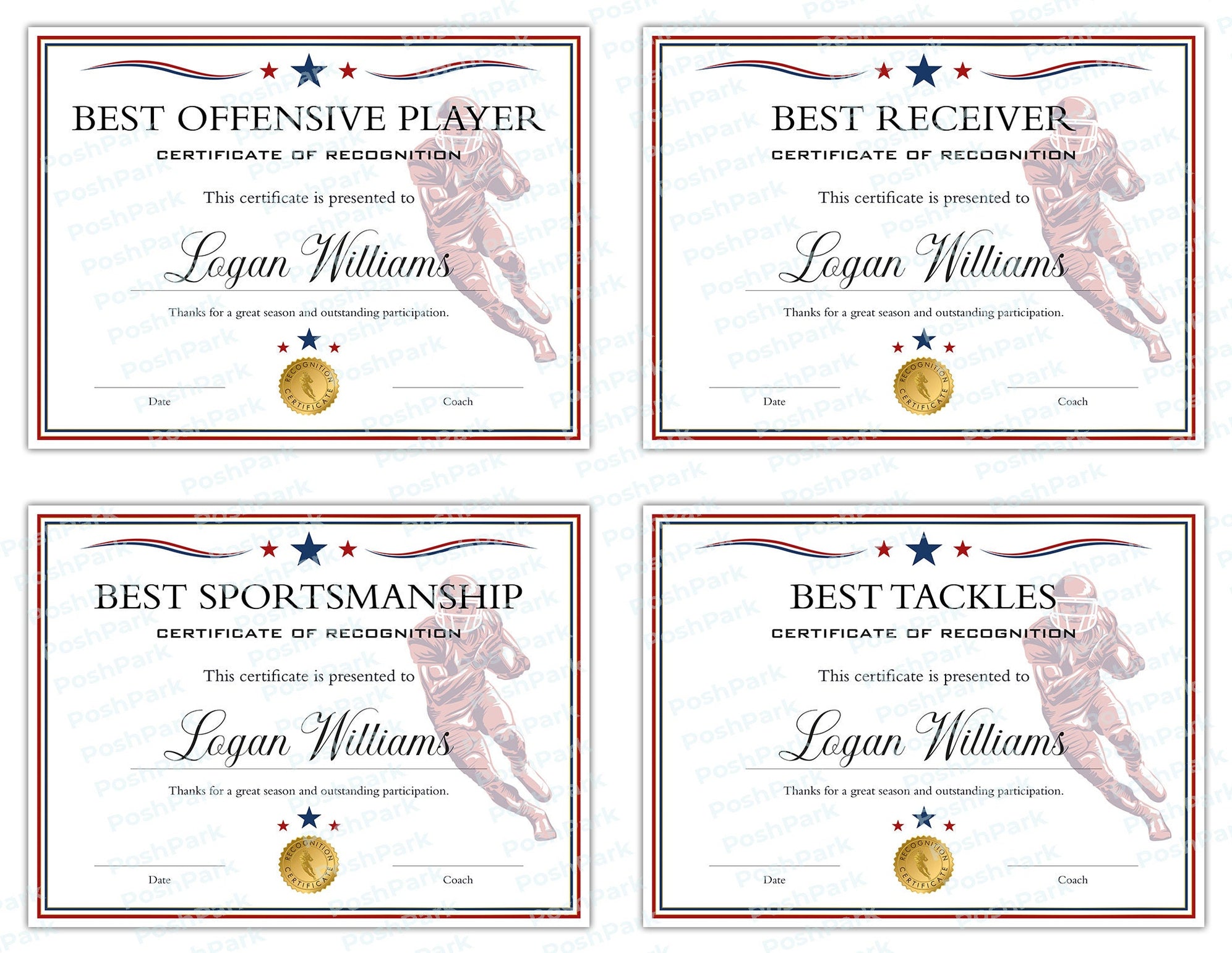 Editable End of Season Football Award Certificates Red White Blue ...