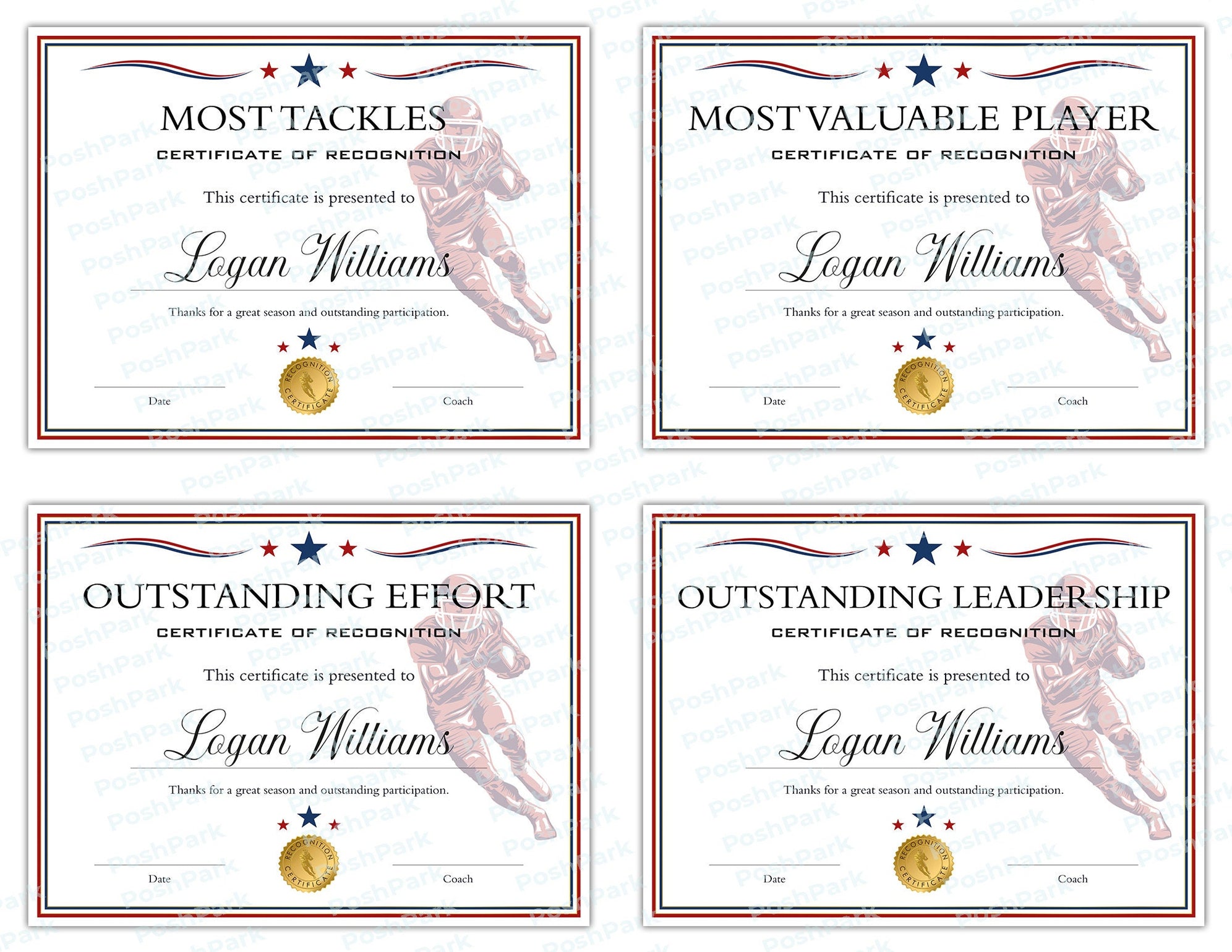 Editable End of Season Football Award Certificates Red White Blue ...