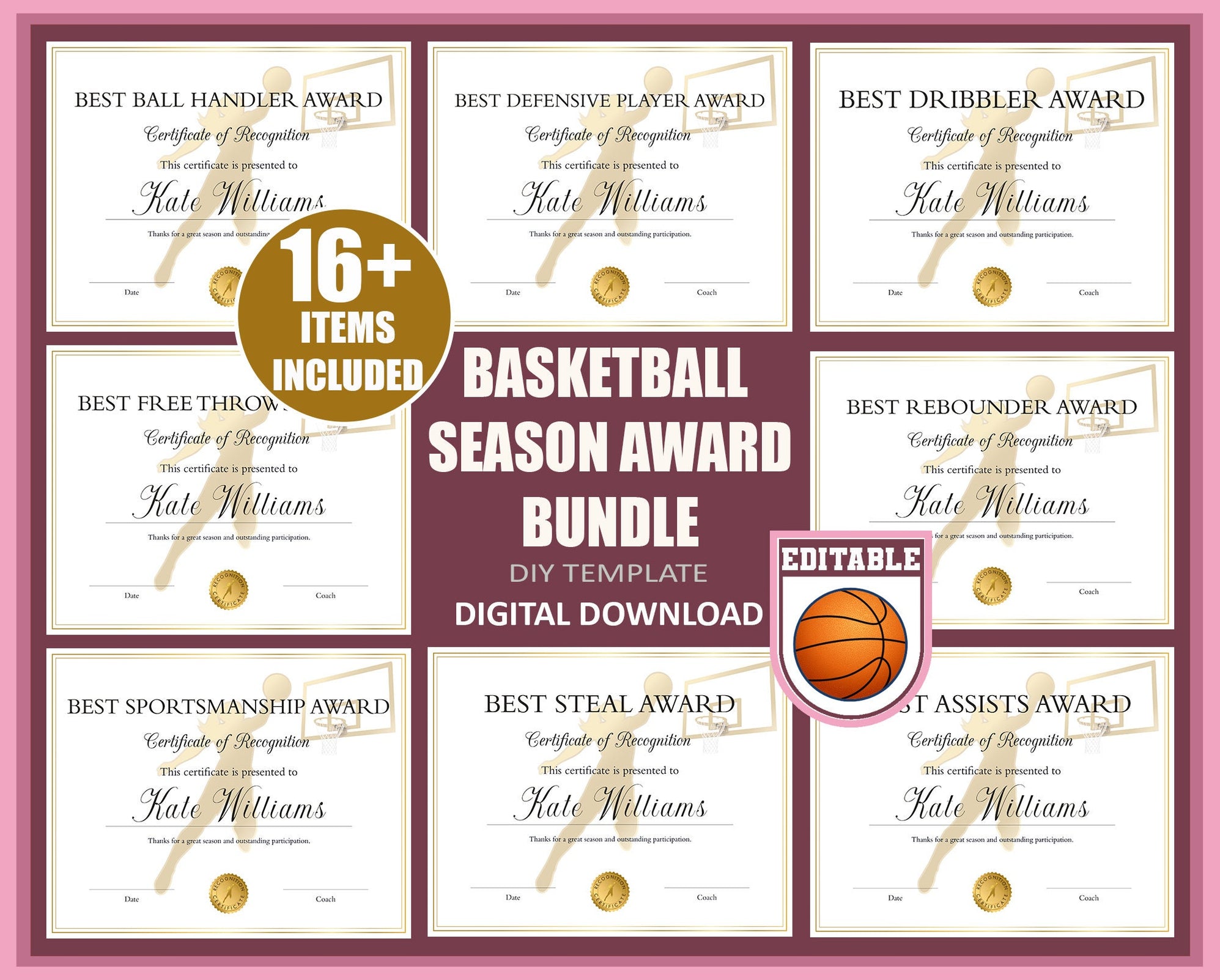 Editable End of Season Basketball Award Certificates for Girls Bundle ...
