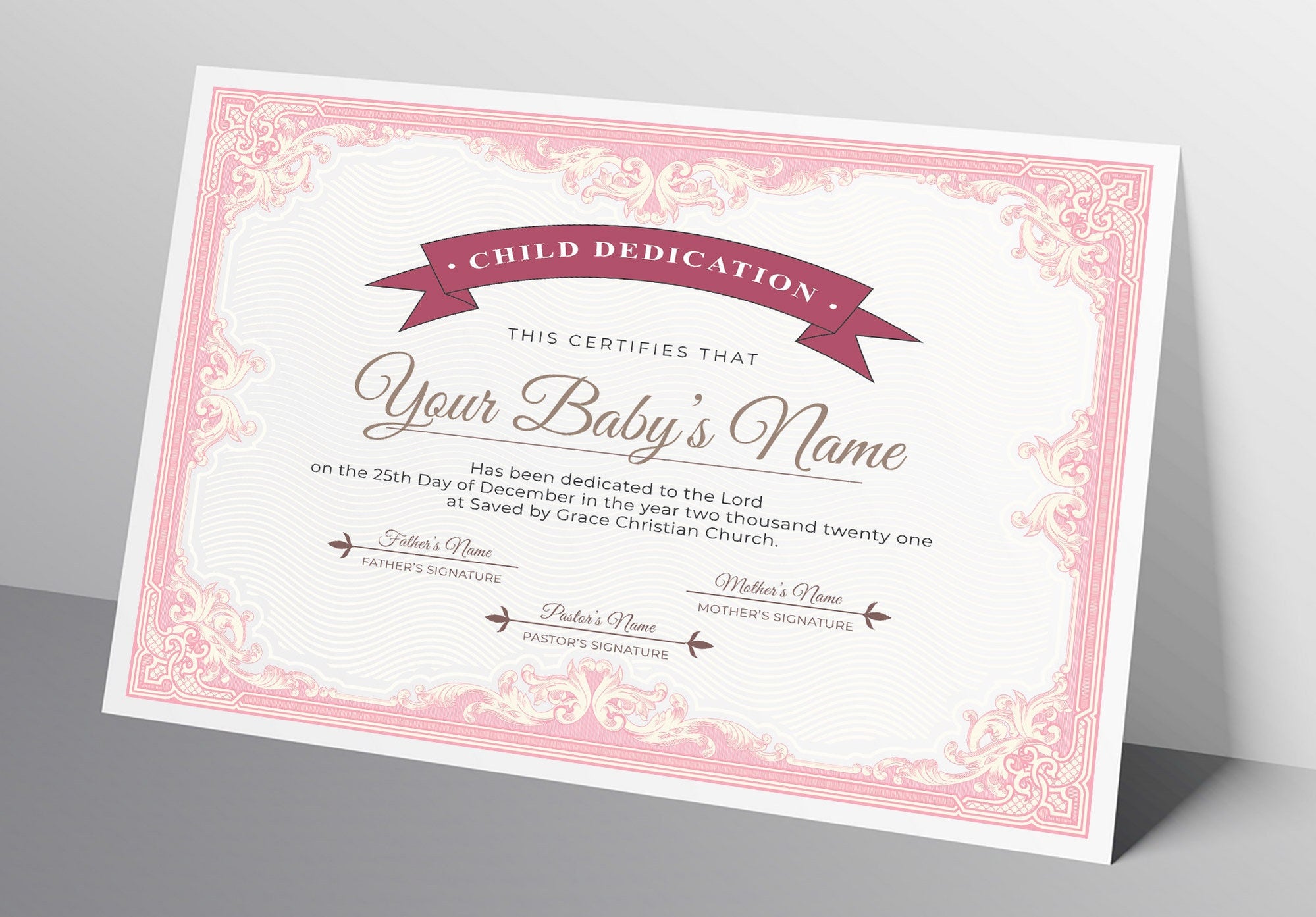 EDITABLE Pink Baby Dedication Certificate Template, Girl Baby Dedicati ...