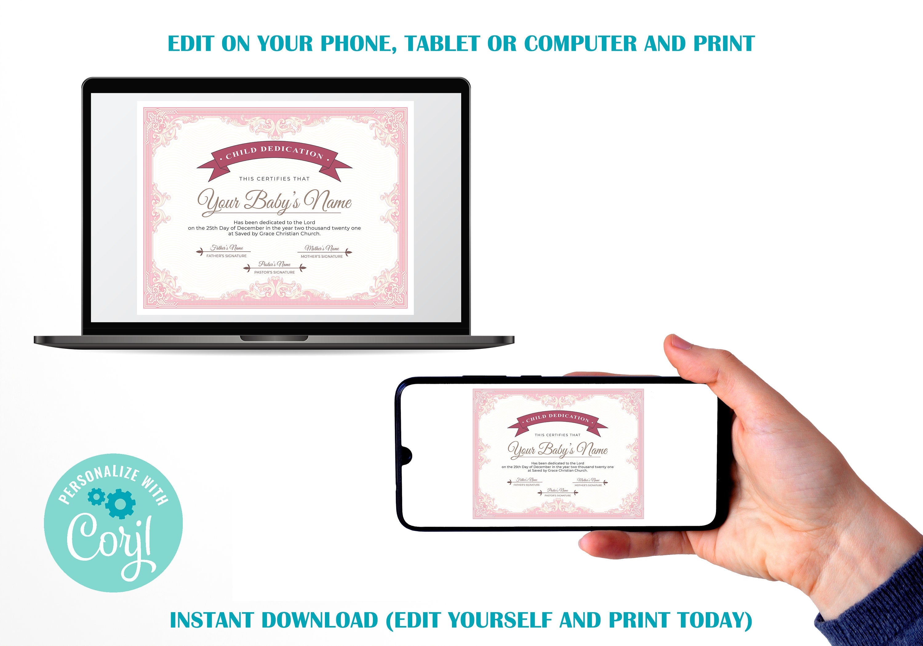 EDITABLE Pink Baby Dedication Certificate Template, Girl Baby Dedicati ...