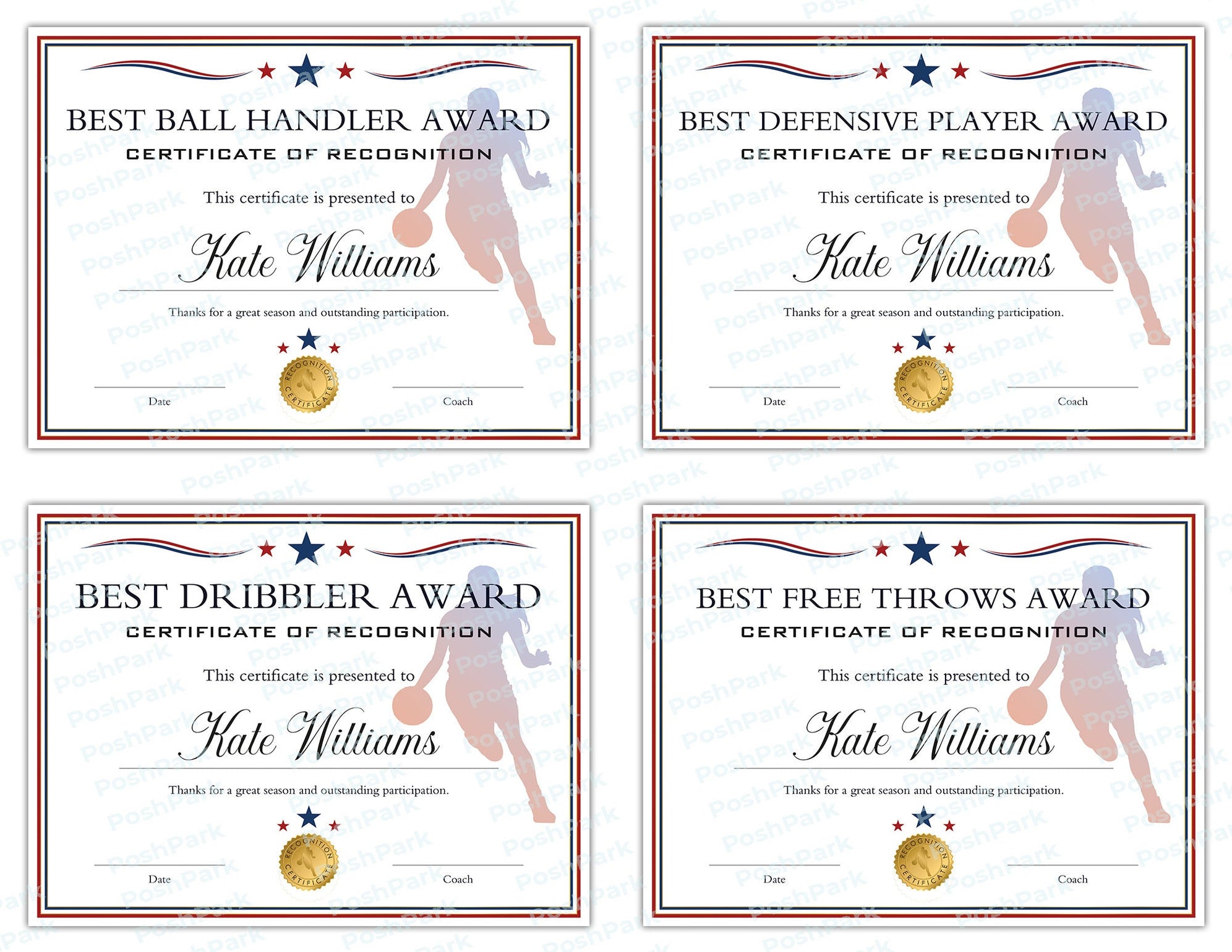 End of Season Basketball Award Certificates Red White Blue for Girls ...