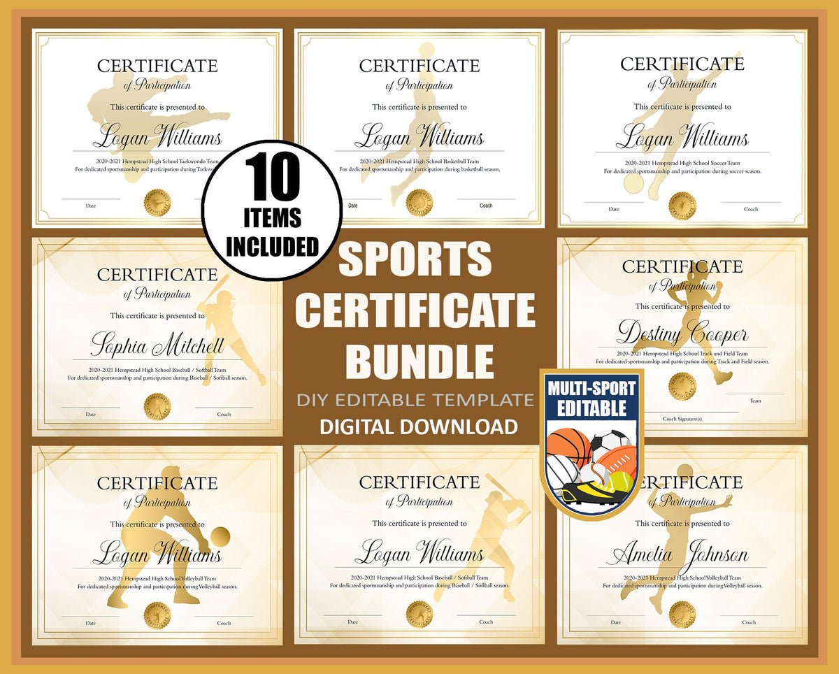 Editable Multi-Sport Participation Certificate Awards Bundle - Posh Park