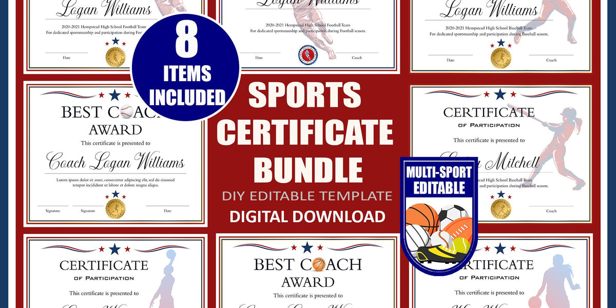 Editable Multi-Sport Certificate Bundle Red, White and Blue - Posh Park