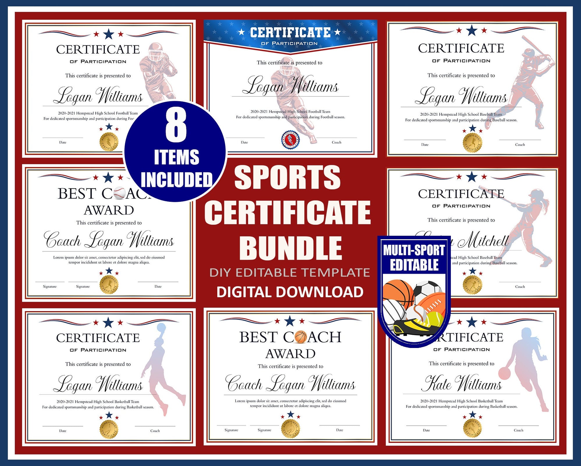 Editable Multi-Sport Certificate Bundle Red, White and Blue - Posh Park
