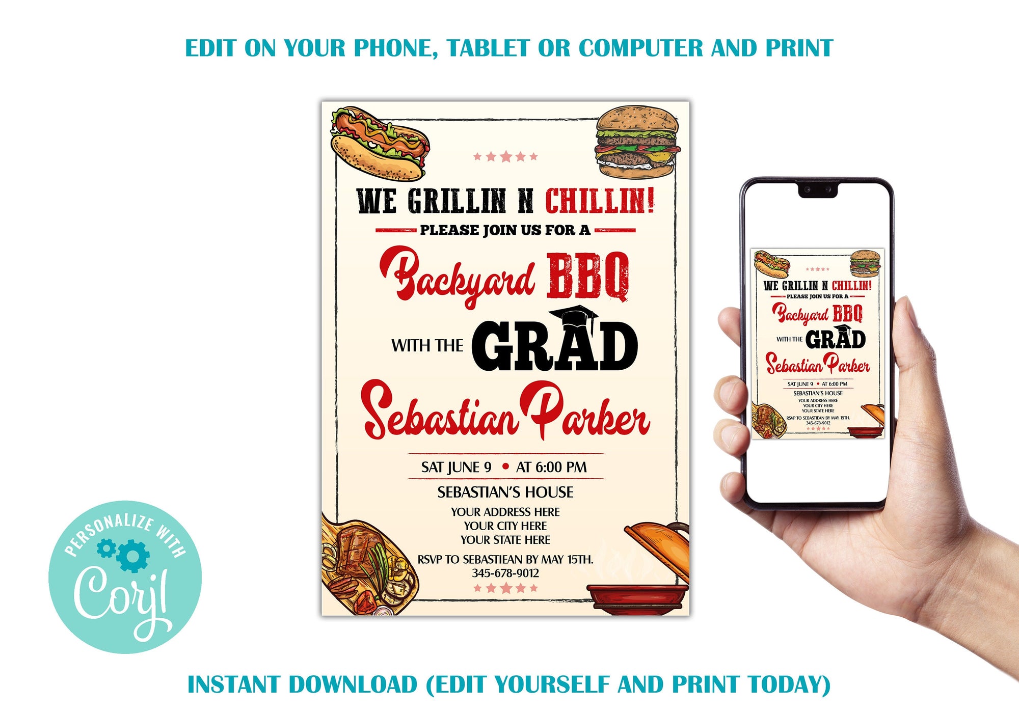 Downloadable Graduation BBQ Invitation, Editable Backyard BBQ Invitati ...